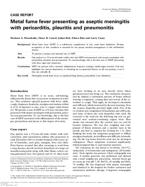 (PDF) Metal Fume Fever Presenting as Aseptic Meningitis with ...
