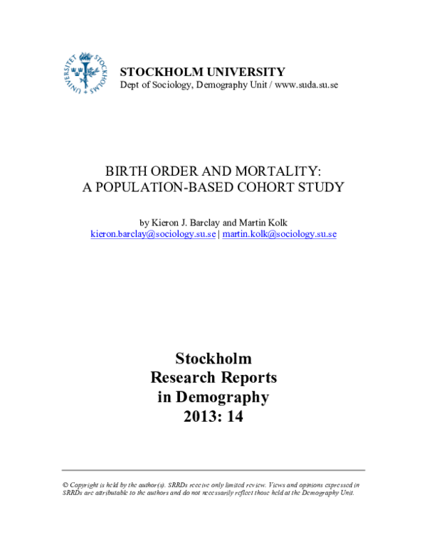(PDF) Birth Order and Mortality: A Population-Based Cohort Study