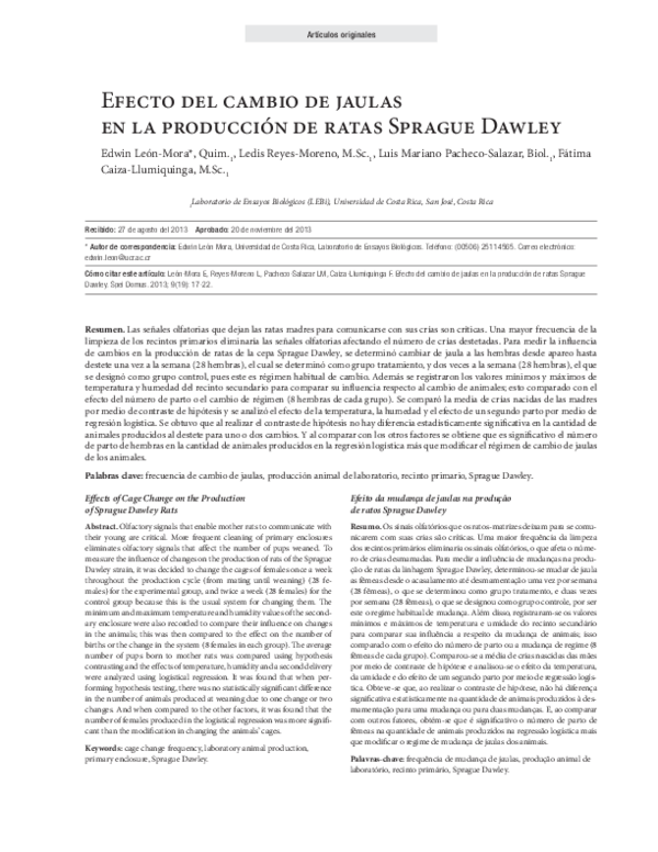 (PDF) Efecto del cambio de jaulas en la producción de ratas Sprague Dawley