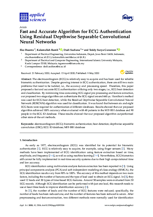 Pdf Fast And Accurate Algorithm For Ecg Authentication Using Residual Depthwise Separable