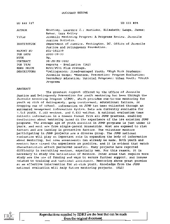 (PDF) Evaluating the Juvenile Mentoring Program
