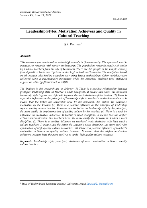 (PDF) Leadership Styles, Motivation Achievers and Quality in Cultural ...