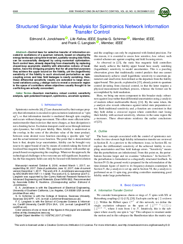 (PDF) Structured Singular Value Analysis for Spintronics Network Information Transfer Control