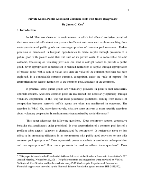 (PDF) Private Goods, Public Goods, and Common Pools with Homo Reciprocans*