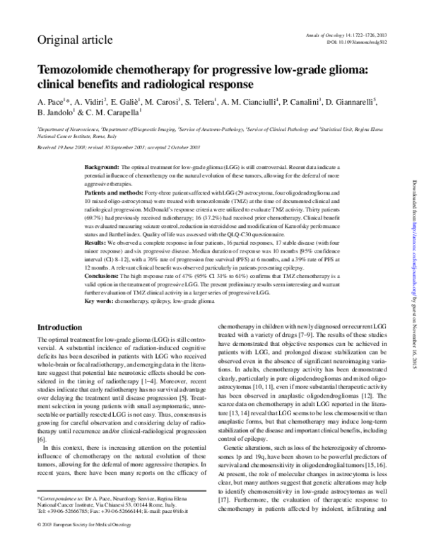 (PDF) Temozolomide chemotherapy for progressive low-grade glioma: clinical benefits and ...