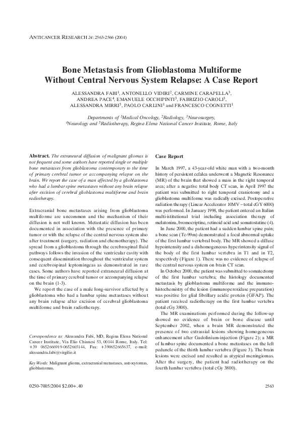 (PDF) Bone metastasis from glioblastoma multiforme without central nervous system relapse: a ...