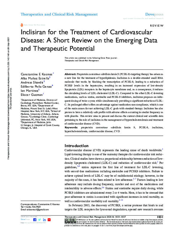 (PDF) Inclisiran for the Treatment of Cardiovascular Disease: A Short ...