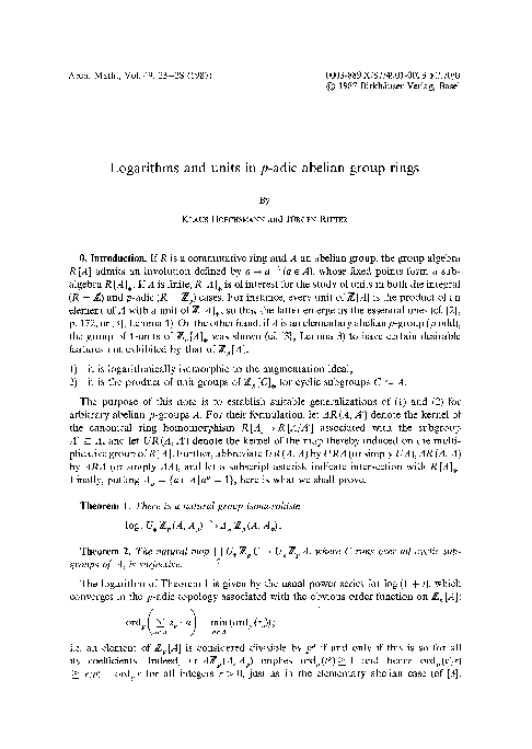 (PDF) Logarithms and units in p -adic abelian group rings