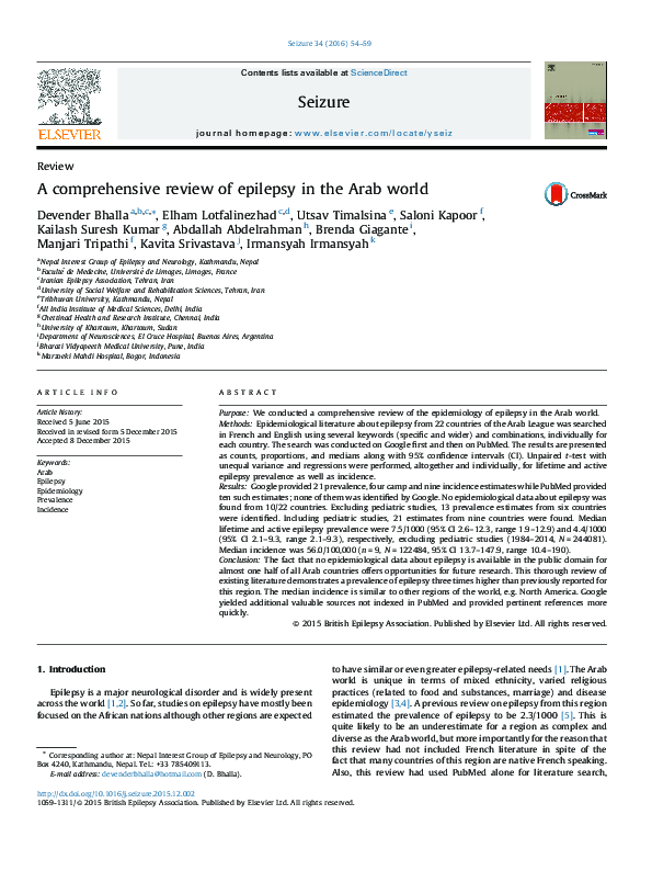 (PDF) A comprehensive review of epilepsy in the Arab world