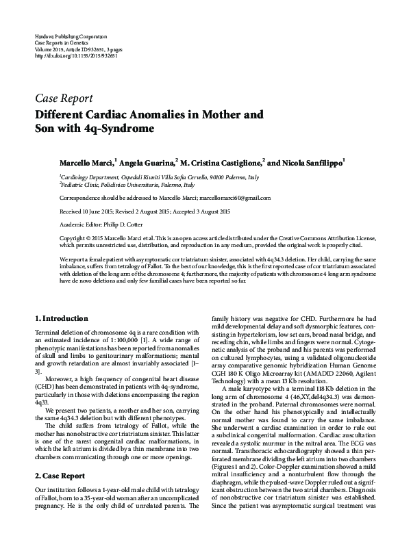 (PDF) Different Cardiac Anomalies in Mother and Son with 4q-Syndrome