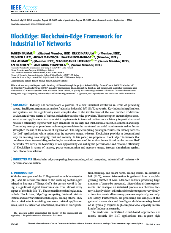 Pdf Blockedge Blockchain Edge Framework For Industrial Iot Networks