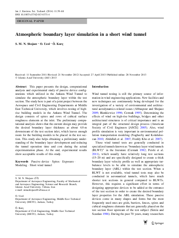 Pdf Atmospheric Boundary Layer Simulation In A Short Wind Tunnel S M Nima Shojaee