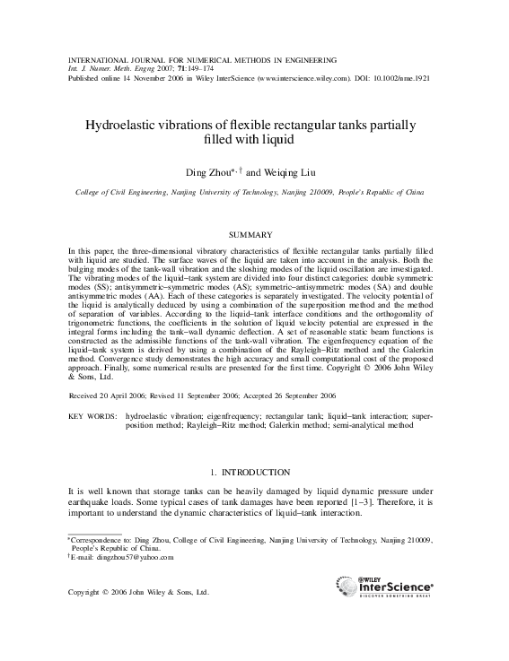 (PDF) Hydroelastic vibrations of flexible rectangular tanks partially filled with liquid