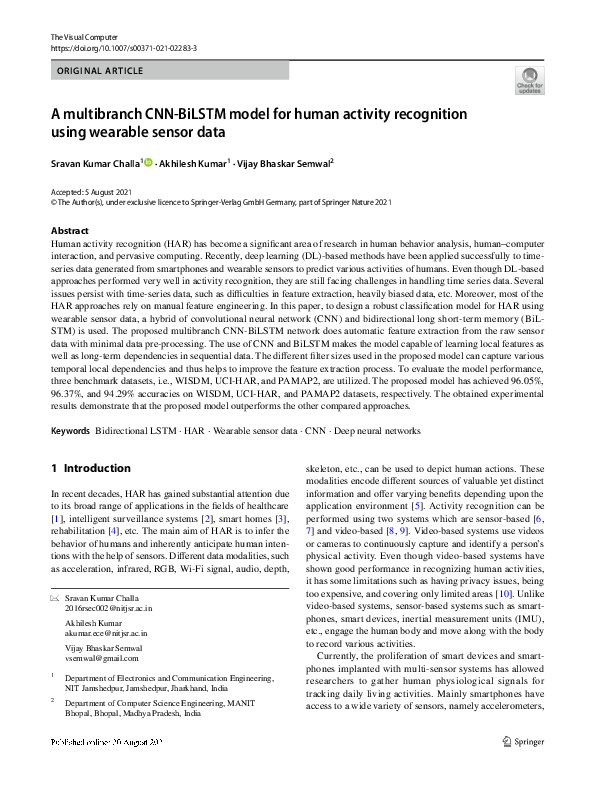 Pdf A Multibranch Cnn Bilstm Model For Human Activity Recognition Using Wearable Sensor Data