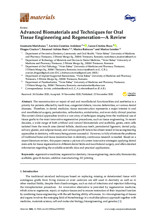(PDF) Advanced Biomaterials and Techniques for Oral Tissue Engineering and Regeneration—A Review