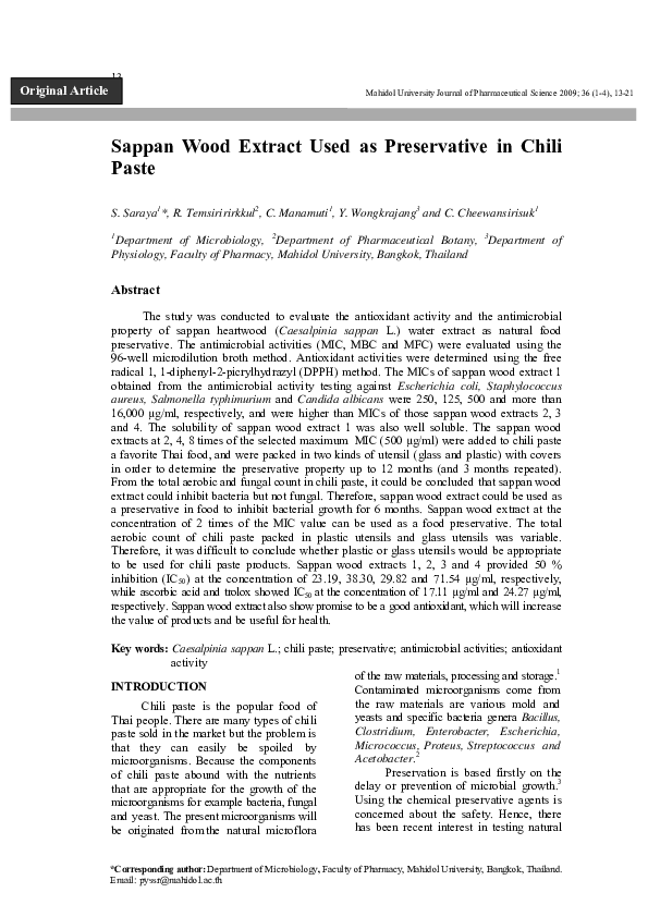 (PDF) Sappan Wood Extract Used as Preservative in Chili Paste