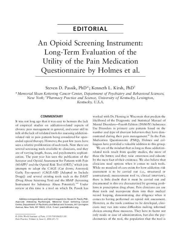 (PDF) An Opioid Screening Instrument: Long-Term Evaluation of the ...
