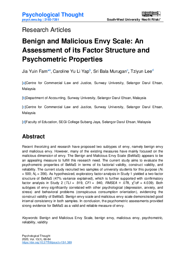 (PDF) Benign and Malicious Envy Scale: An Assessment of Its Factor ...
