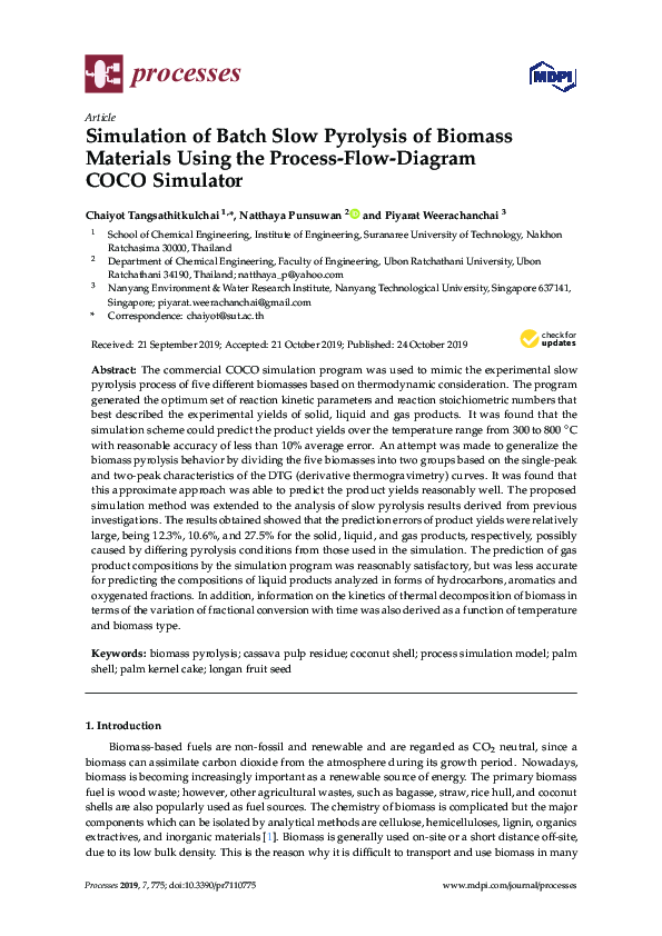 (PDF) Simulation of Batch Slow Pyrolysis of Biomass Materials Using the ...