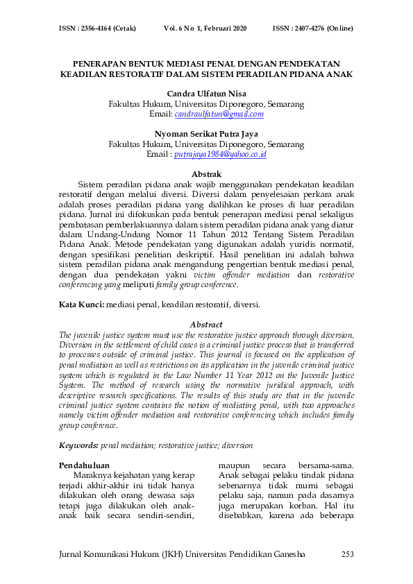 (PDF) Penerapan Bentuk Mediasi Penal Dengan Pendekatan Keadilan Restoratif Dalam Sistem ...