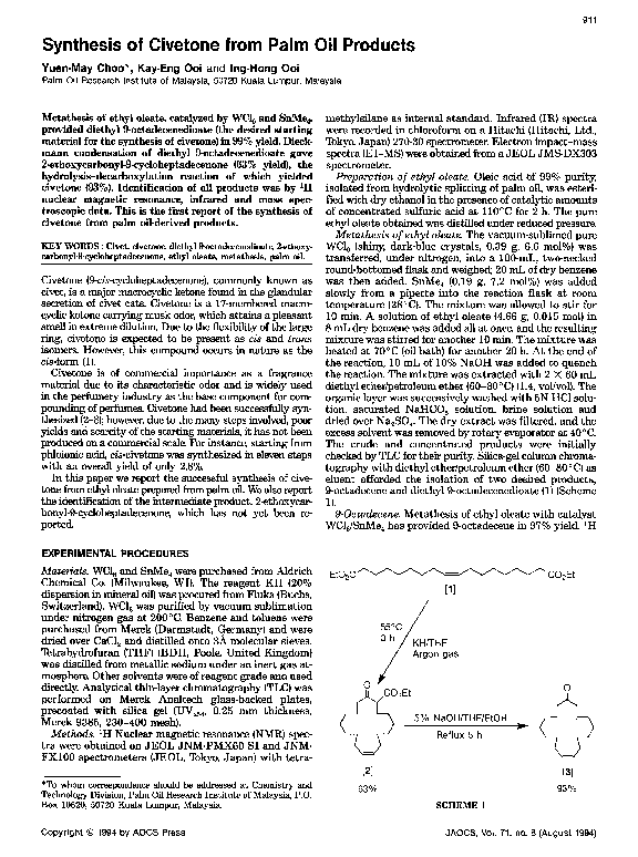 (PDF) Synthesis of civetone from palm oil products