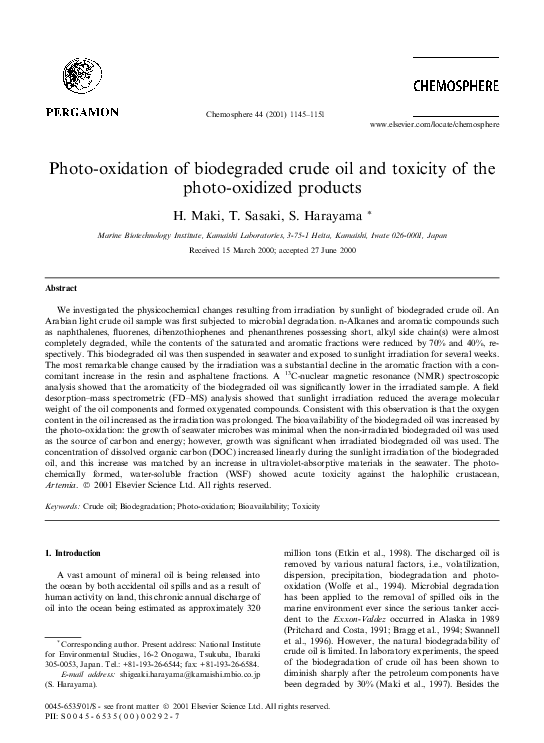 (PDF) Photo-oxidation of biodegraded crude oil and toxicity of the ...