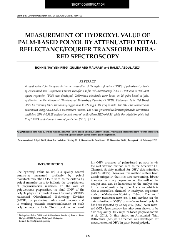 (PDF) Measurement of Hydroxyl Value of Palm-Based Polyol by Attenuated ...