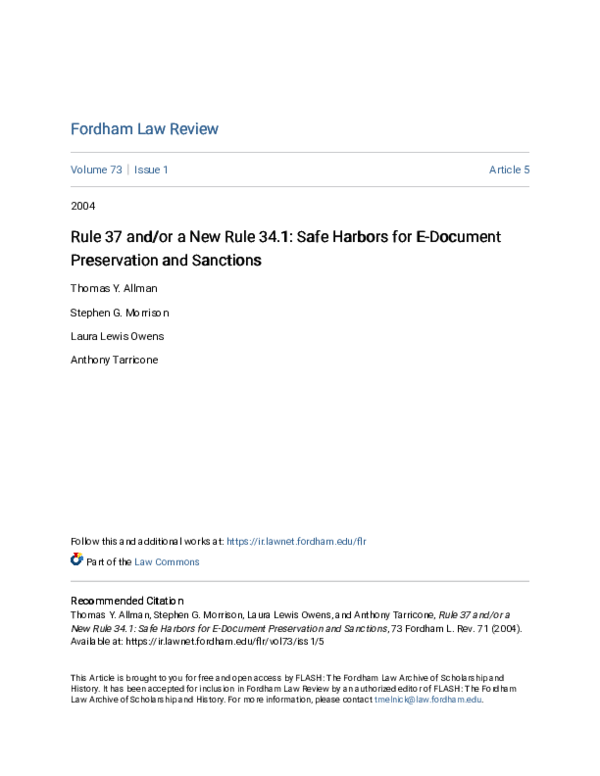 (PDF) Rule 37 and/or a New Rule 34.1: Safe Harbors for E-Document ...
