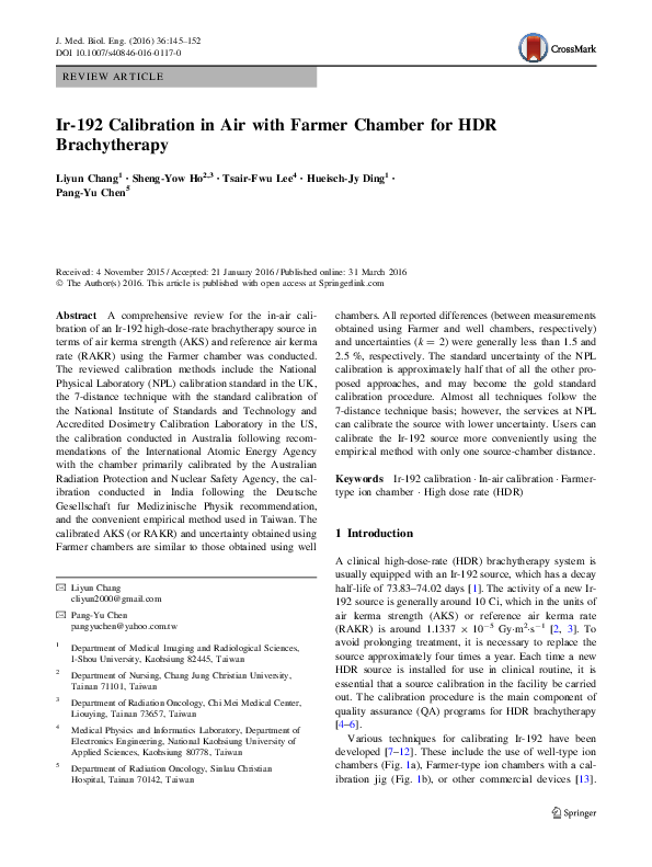 (PDF) Ir-192 Calibration in Air with Farmer Chamber for HDR Brachytherapy