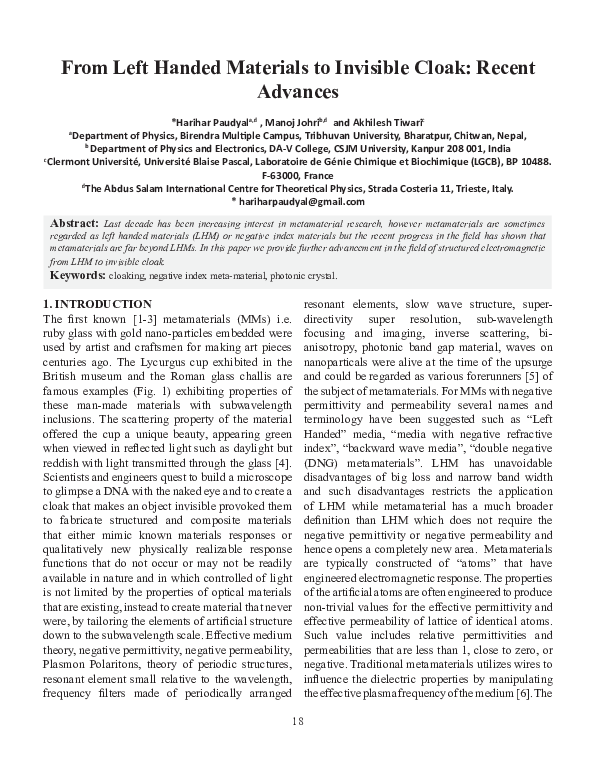 (PDF) From Left Handed Materials to Invisible Cloak: Recent Advances