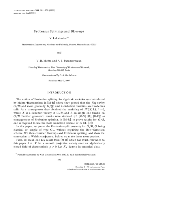 (PDF) Frobenius Splittings and Blow-ups