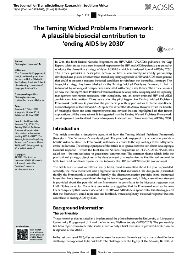 (PDF) The Taming Wicked Problems Framework: A plausible biosocial ...