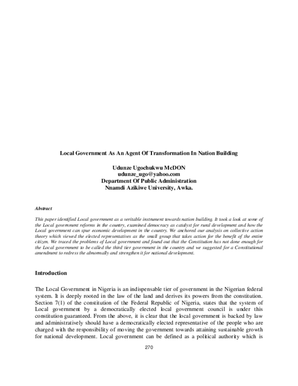 (PDF) Local Government As An Agent Of Transformation In Nation Building