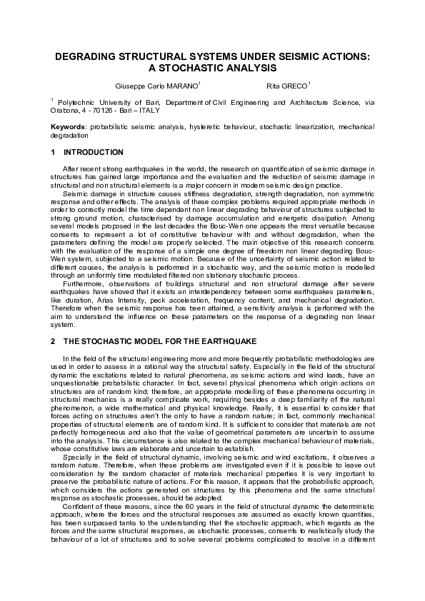 Pdf Degrading Structural Systems Under Seismic Actions A Stochastic Analysis