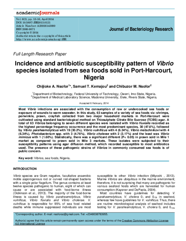 (PDF) Incidence and antibiotic susceptibility pattern of Vibrio species isolated from sea foods ...