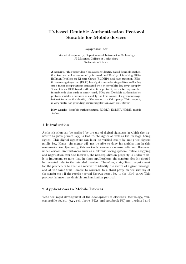 (PDF) ID-Based Deniable Authentication Protocol Suitable for Mobile Devices