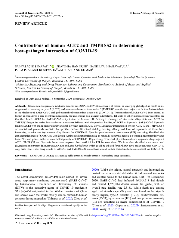 (PDF) ACE2 and TMPRSS2 in SARS-CoV-2 Interaction