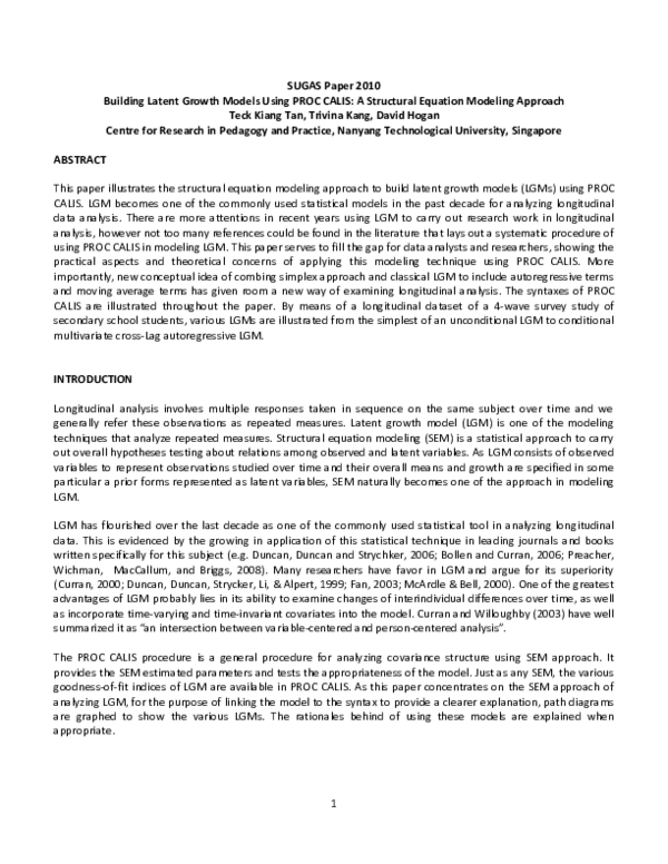 (PDF) Building Latent Growth Models Using PROC CALIS: A Structural Equation Modeling Approach