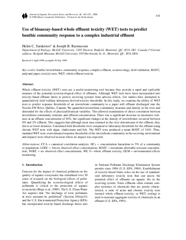 (PDF) Use of bioassay-based whole effluent toxicity (WET) tests to ...