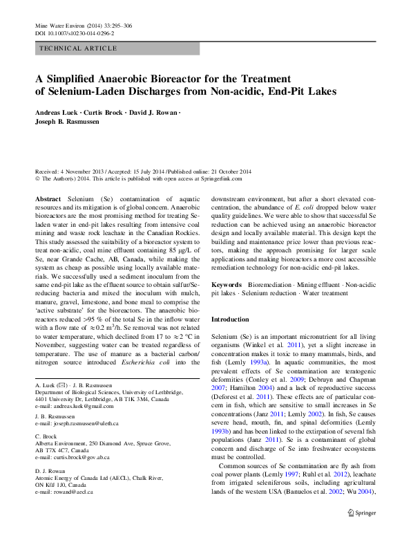 (PDF) A Simplified Anaerobic Bioreactor for the Treatment of Selenium ...