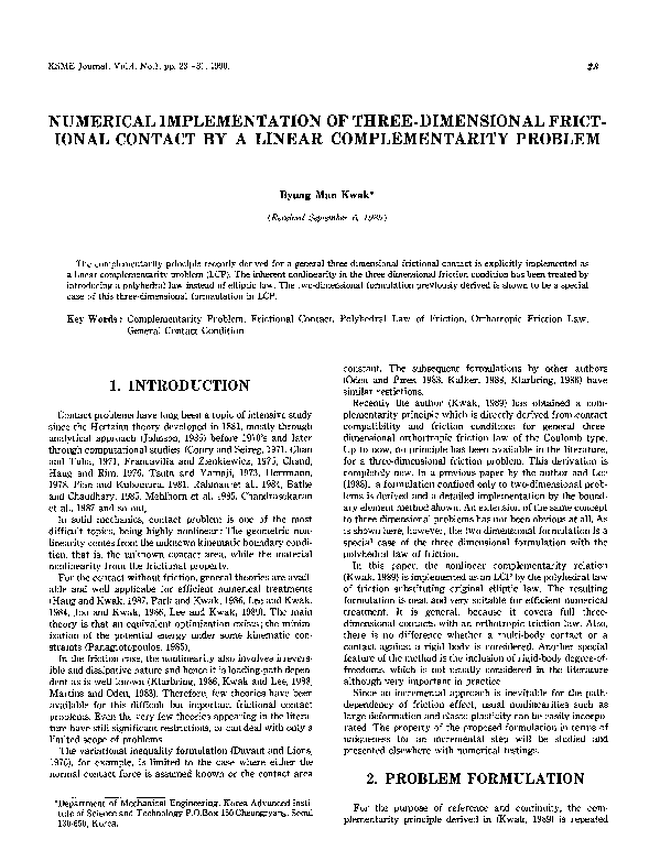 (PDF) Numerical implementation of three-dimensional frictional contact by a linear ...