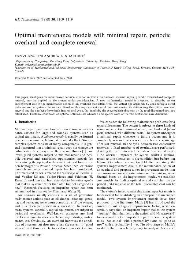(PDF) Optimal maintenance models with minimal repair, periodic overhaul ...