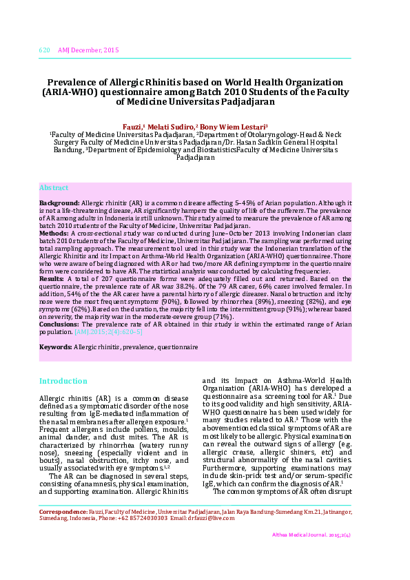 (PDF) Prevalence of Allergic Rhinitis based on World Health ...