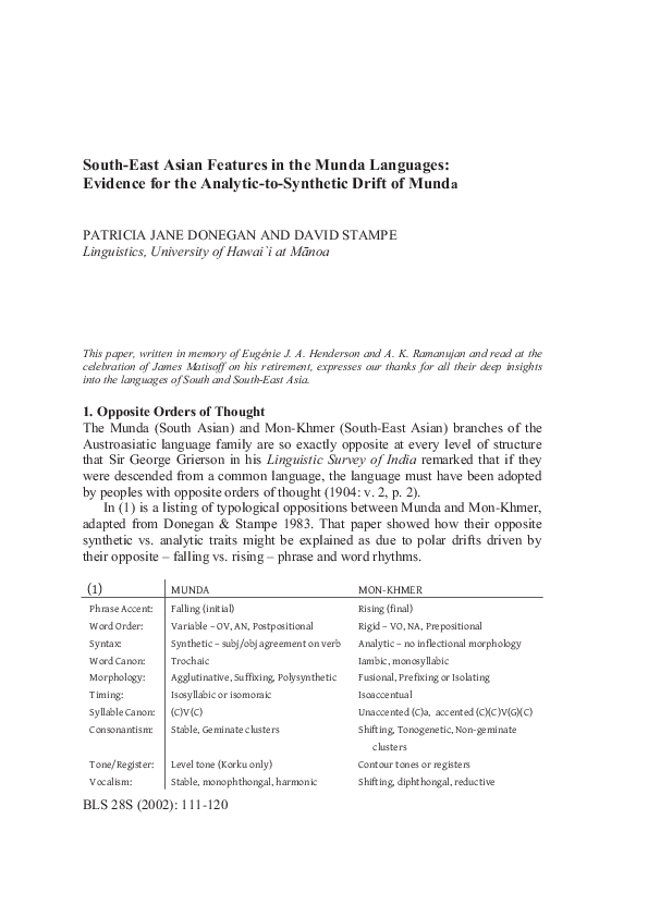 (PDF) South-East Asian Features in the Munda Languages: Evidence for ...
