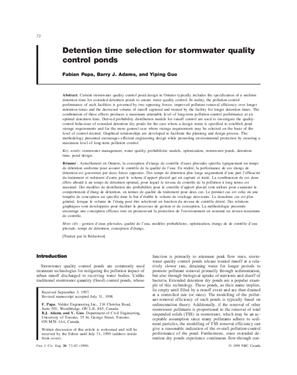 (PDF) Detention time selection for stormwater quality control ponds