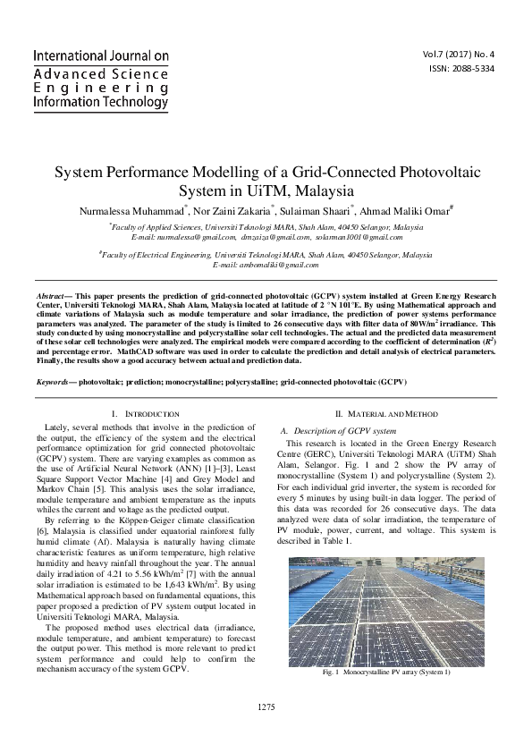 (PDF) System Performance Modelling of a Grid-Connected Photovoltaic ...