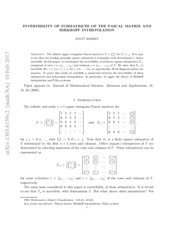 (PDF) Invertibility of Submatrices of Pascal's Matrix and Birkhoff Interpolation
