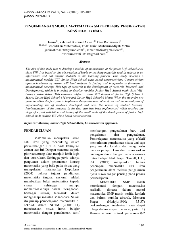 (PDF) Pengembangan Modul Matematika SMP Berbasis Pendekatan Konstruktivisme