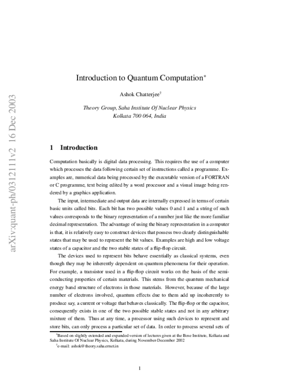 (PDF) Introduction to Quantum Computation