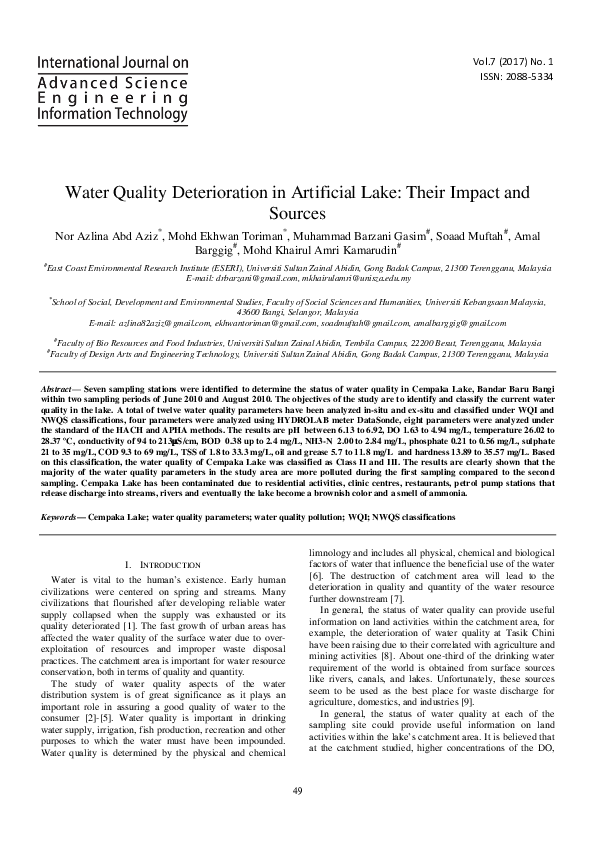 (PDF) Water Quality Deterioration in Artificial Lake: Their Impact and ...